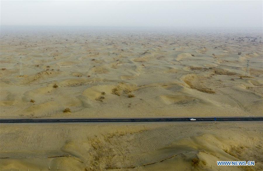 Highways in Taklimakan Desert in China's Xinjiang