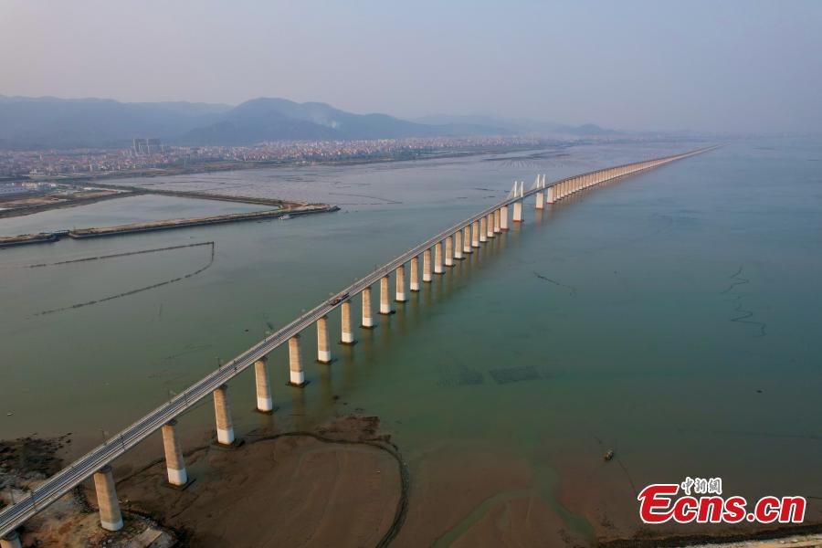 Aerial view of Meizhou Bay cross-sea bridge in Fujian